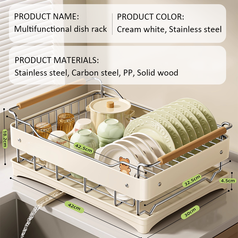 LivinEase Dish Rack with Stainless Steel Solid Wood Handle And Leak ...