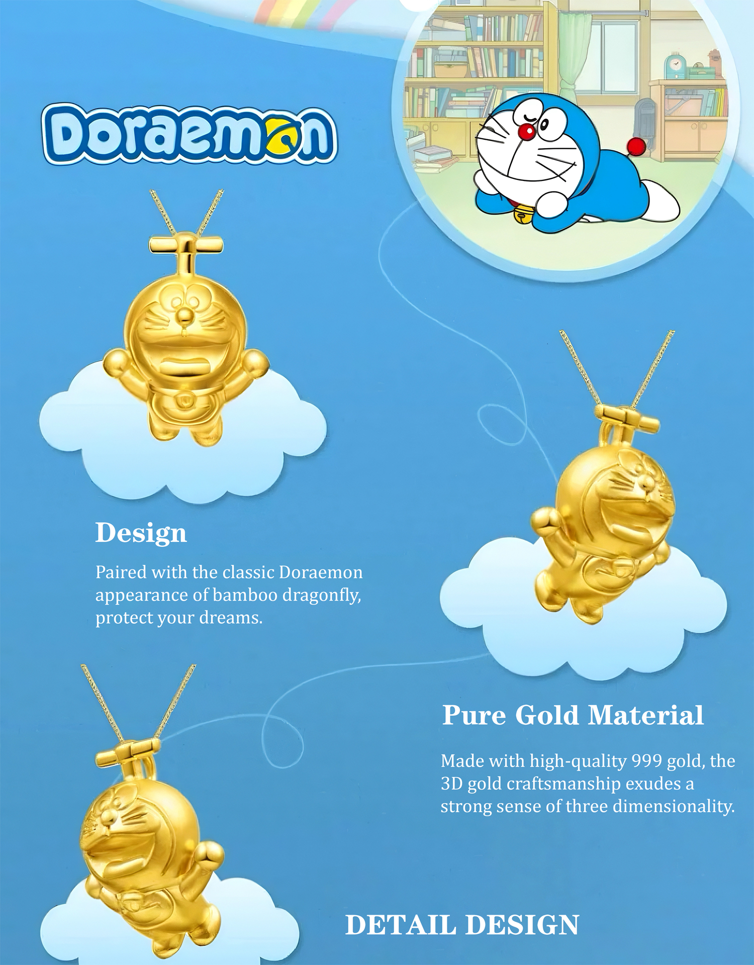 【HETIN】999 Pure Gold Doraemon Charm Pendant Cartoon Solid Gold Necklace ...