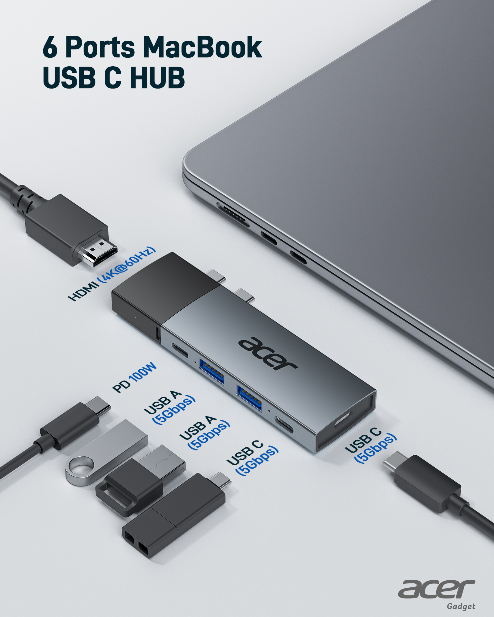 Acer USB C Multiport Adapter for MacBook Pro/Air 6 in 2 Detachable USB ...