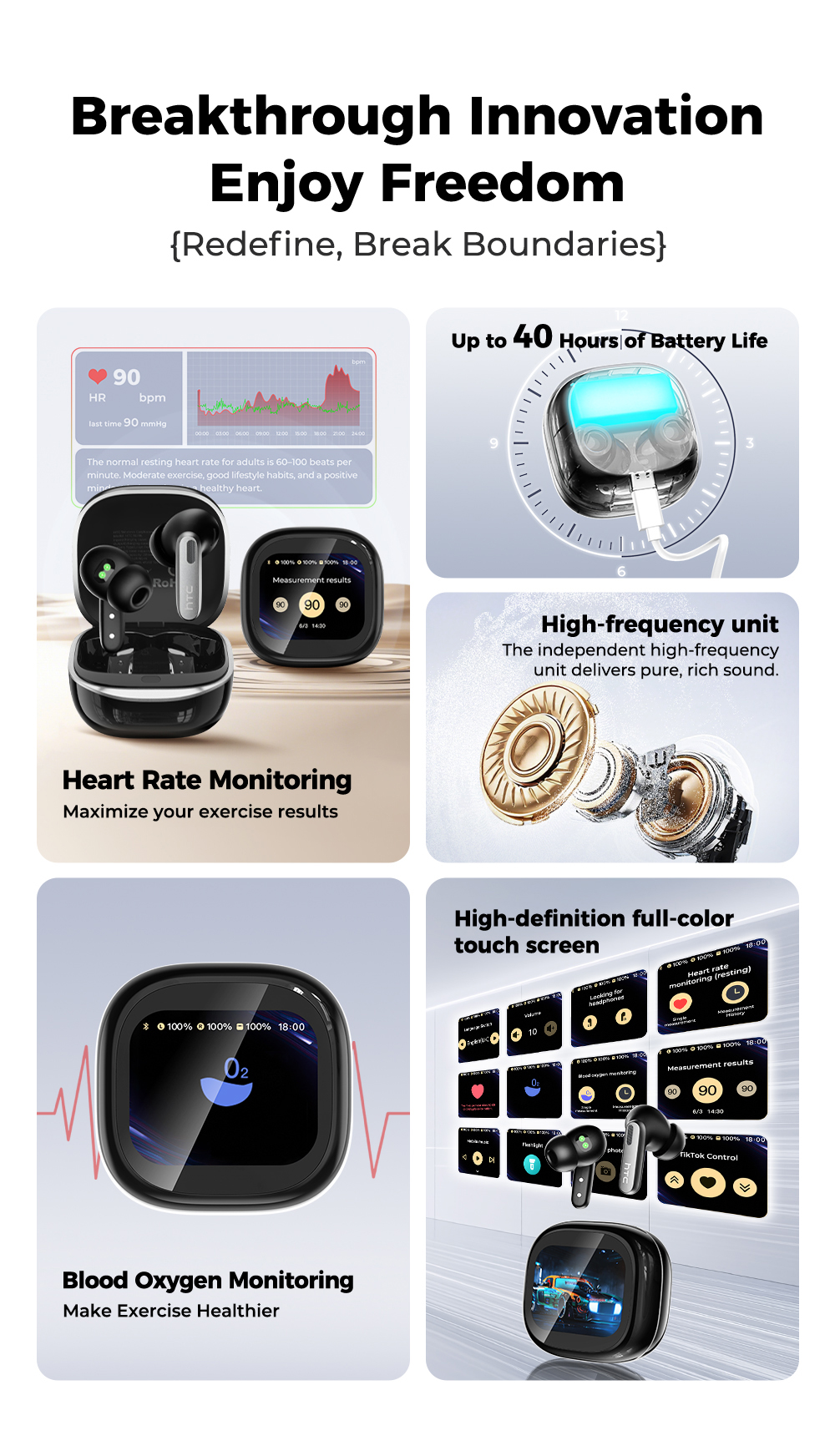 HTC NE46 Al Translator Earbud Health Monitoring Bluetooth 6.0 HiFi ...