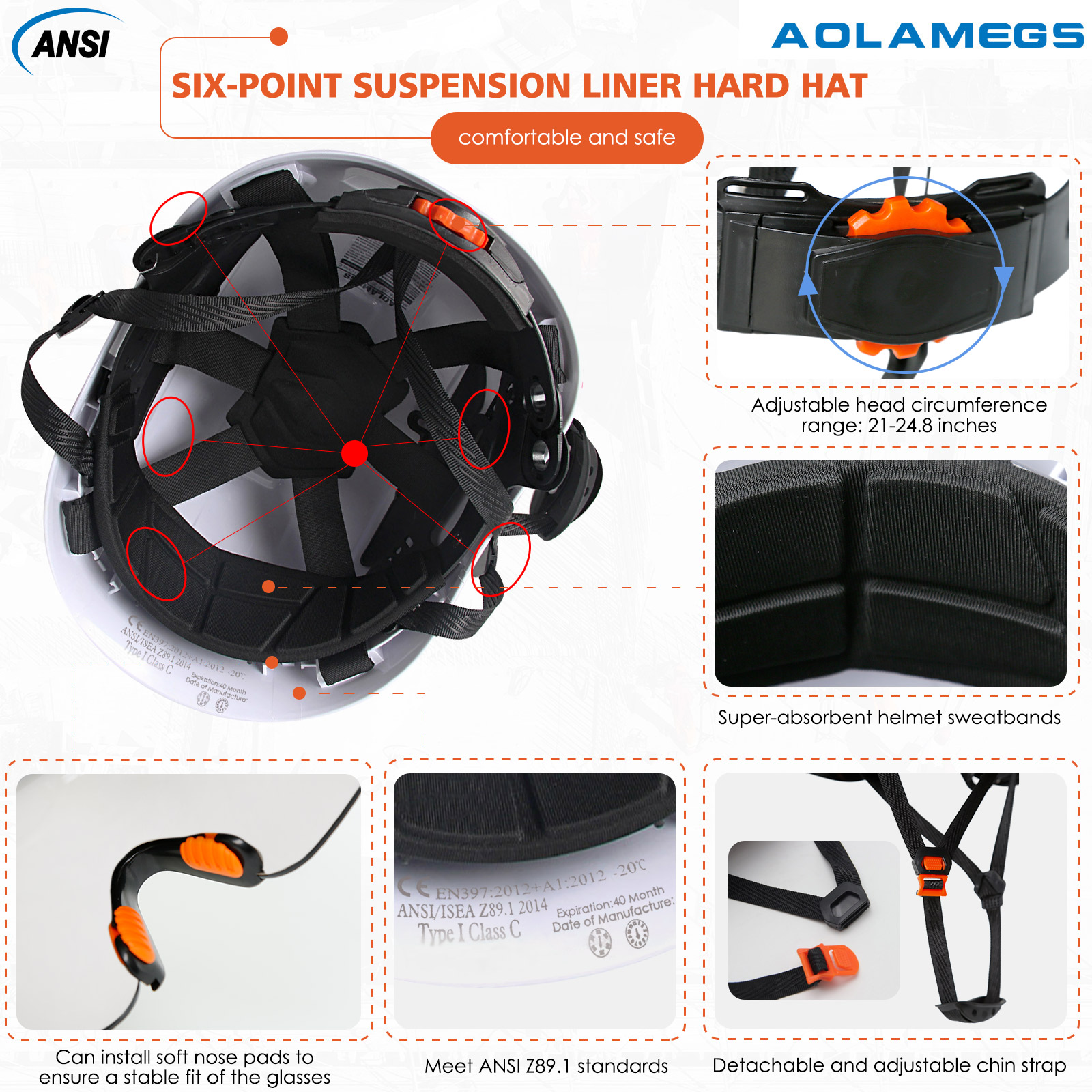 AOLAMEGS ABS Safety Helmet with Induction Headlight Construction patch ...
