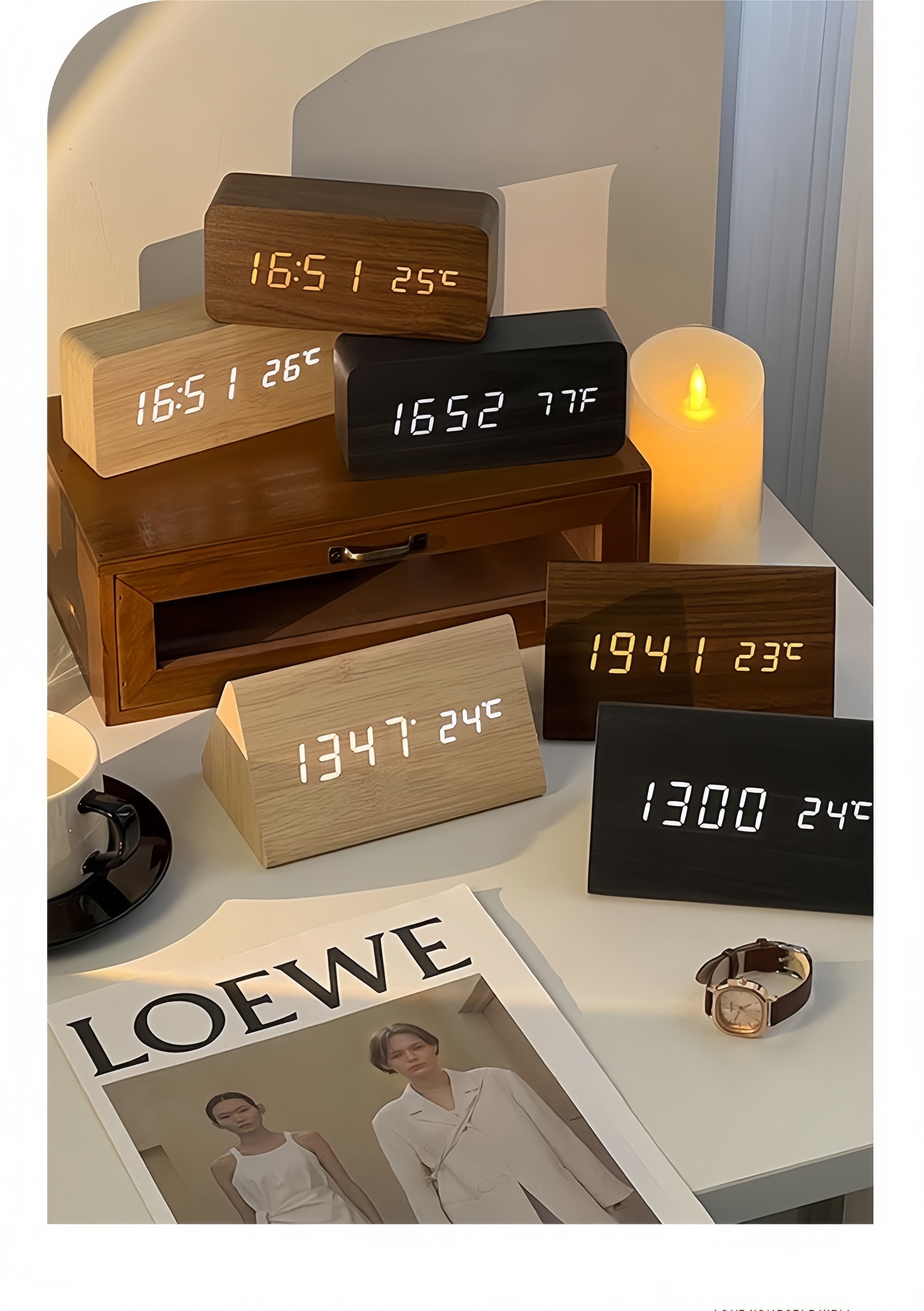 Wooden Digital Alarm Clock - Rechargeable, Silent, with Night Light ...
