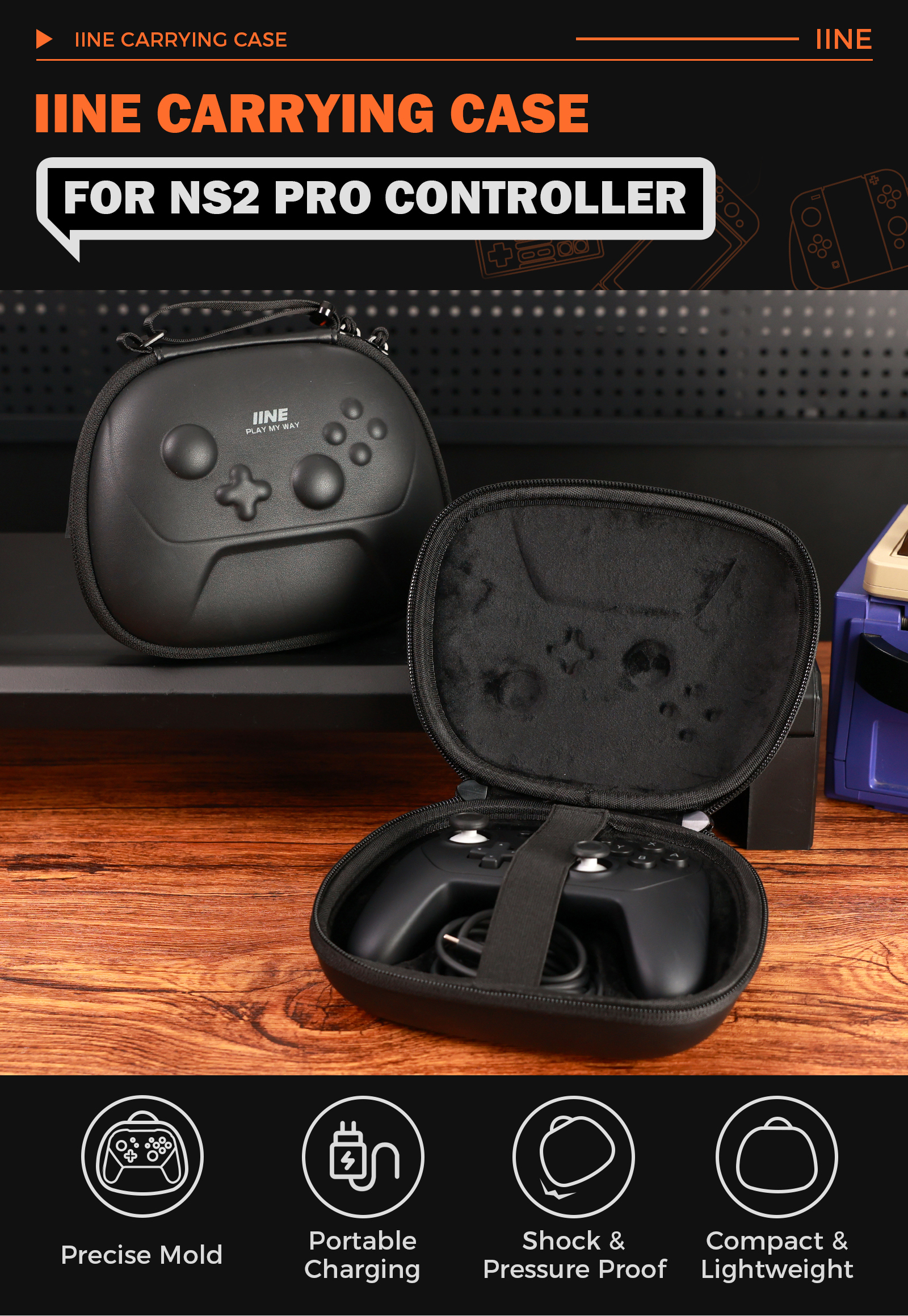 IINE CARRYING CASE FOR NS2 PRO CONTROLLER/ Precise Mold Portable Charging Shock & Pressure Proof ...