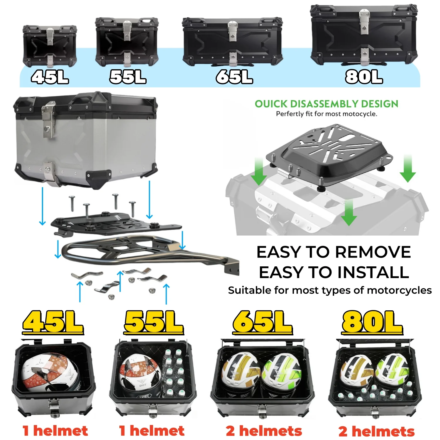 Aluminium top box 45/57/65L Motorcycle Box moto with Universal Base ...