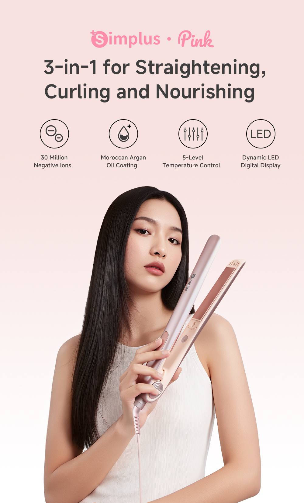 【NEW】 Simplus Pink 3-in-1 Hair Straightener | 5 Temperature Settings ...