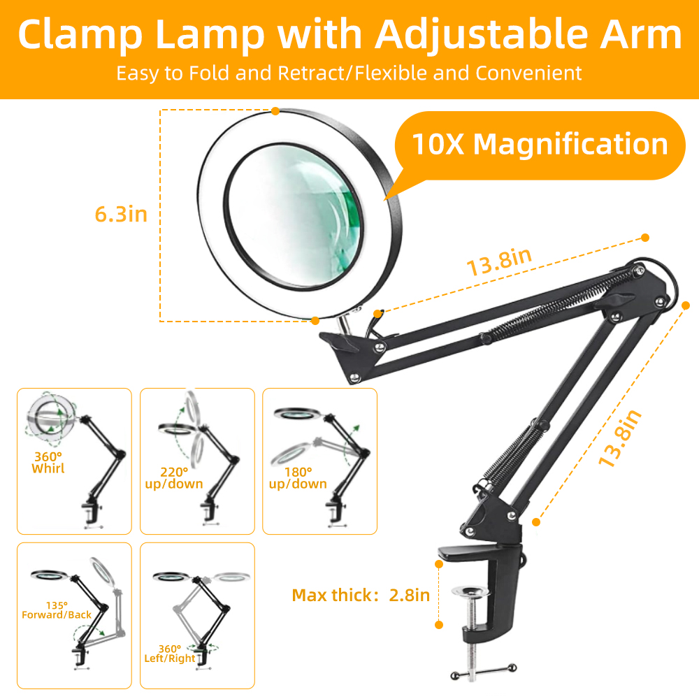 Magnifying Glass Table Lamp 10X LED Dimmable Desk Light Tri-color ...