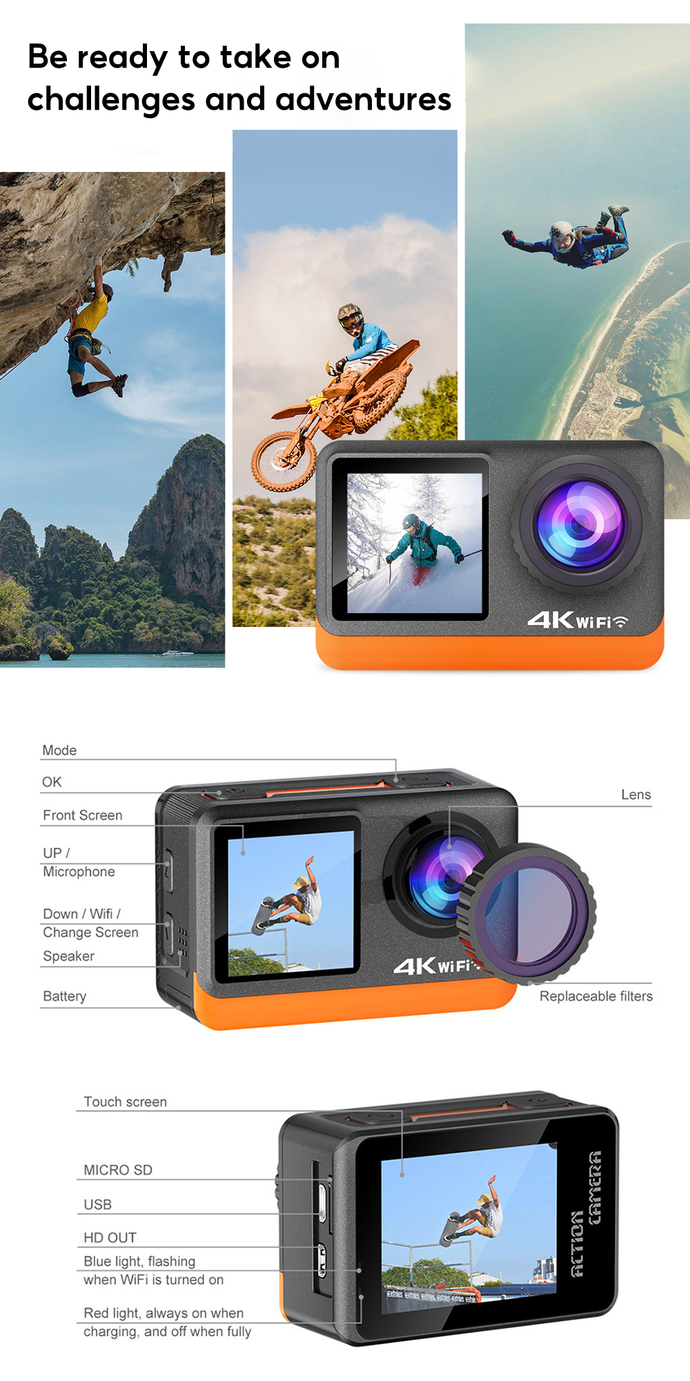 4K 60FPS Dual Screen Action Camera 30M Waterproof 2.0+1.4 Touch LCD 170 ...
