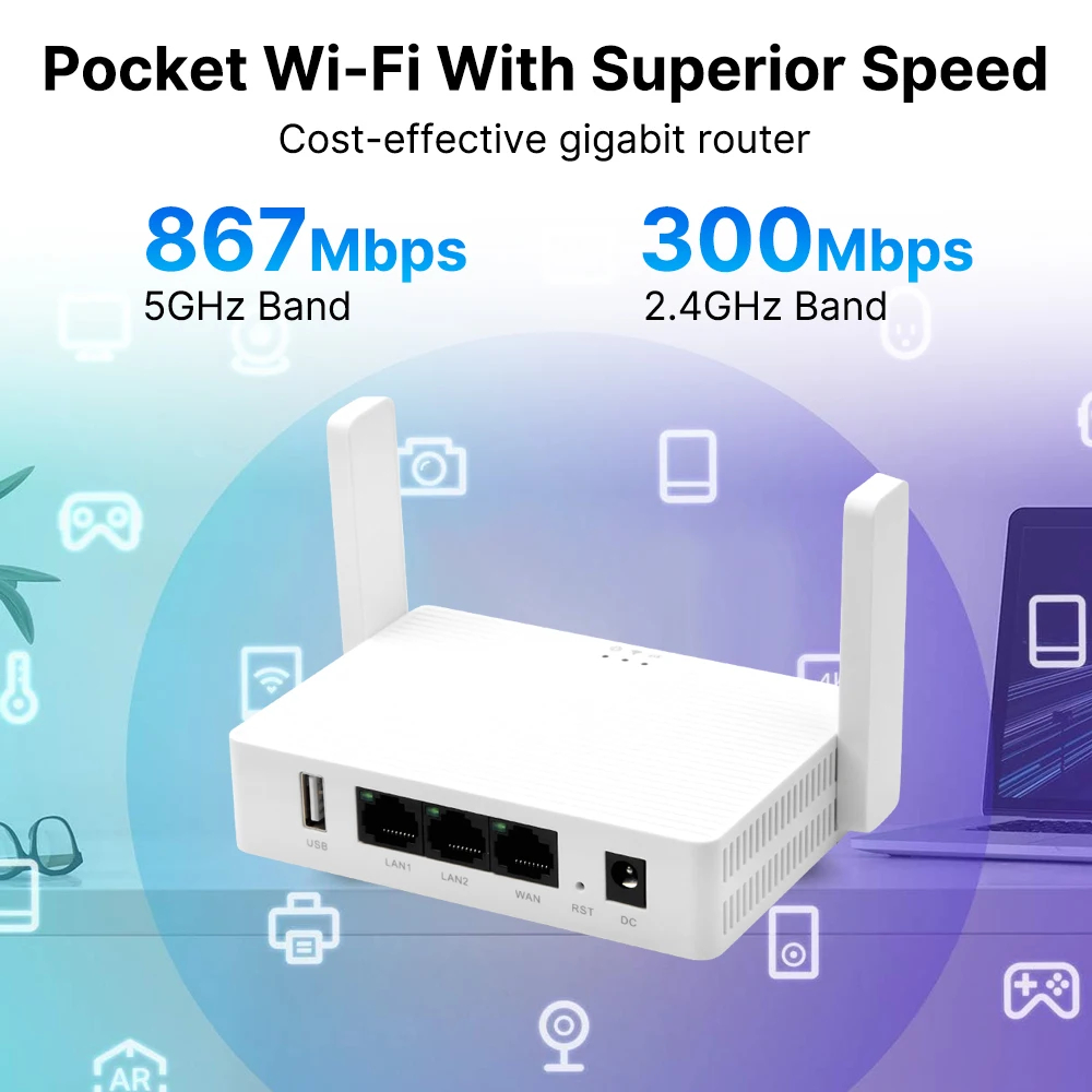 1200Mbps Wireless Mini Router USB Interface Dual Band 2.4G/5G Gigabit ...