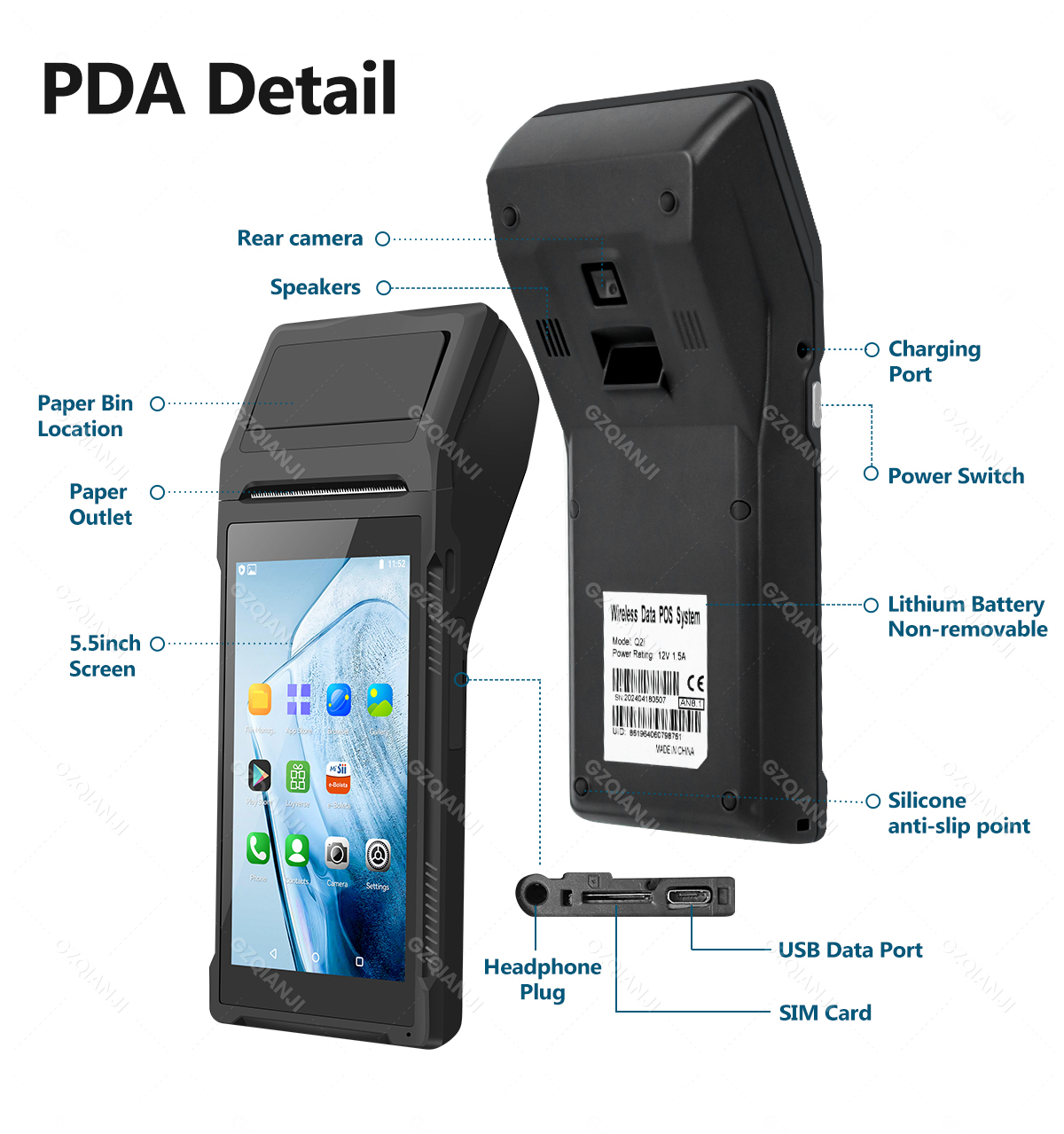 Handheld PDA Terminal Android 12 POS Device 2+16GB Receipt Printer ...