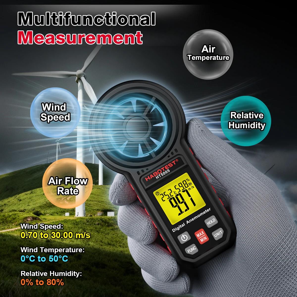 HABOTEST HT5005 Digital Anemometer Environmental Temperature Humidity ...