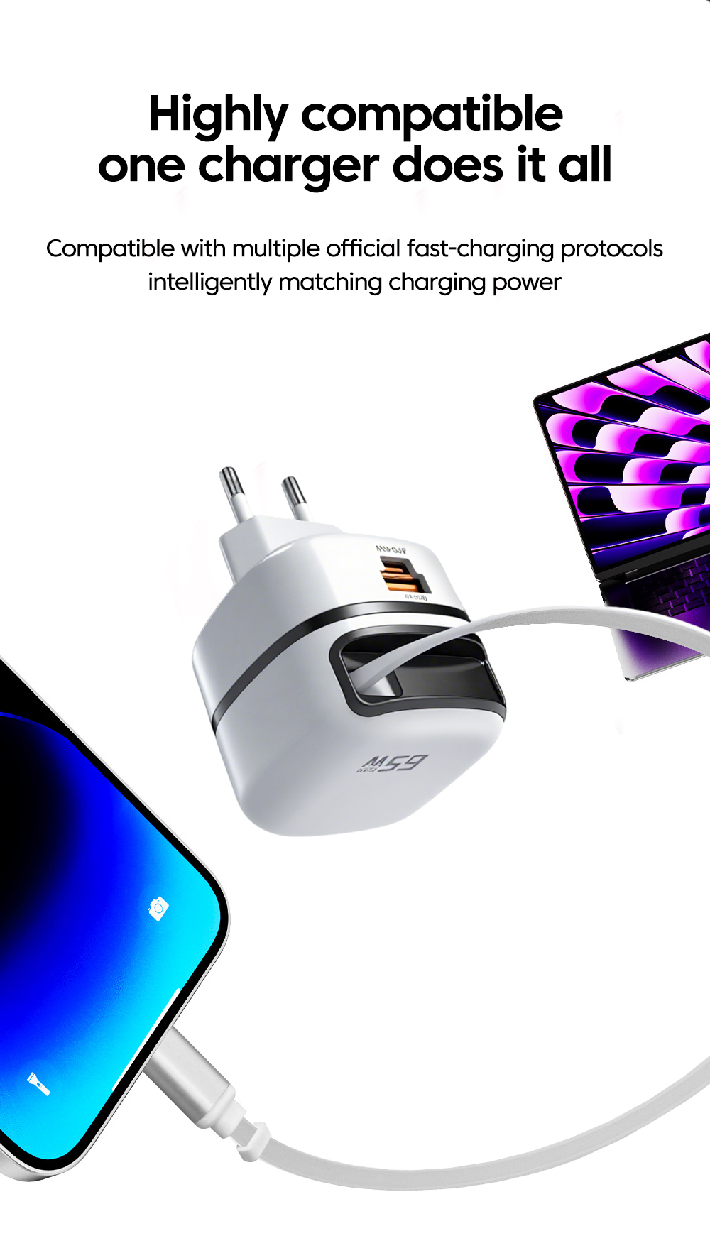 65W Fast Charger USB Type C Phone Charger with Retractable Type C Cable ...