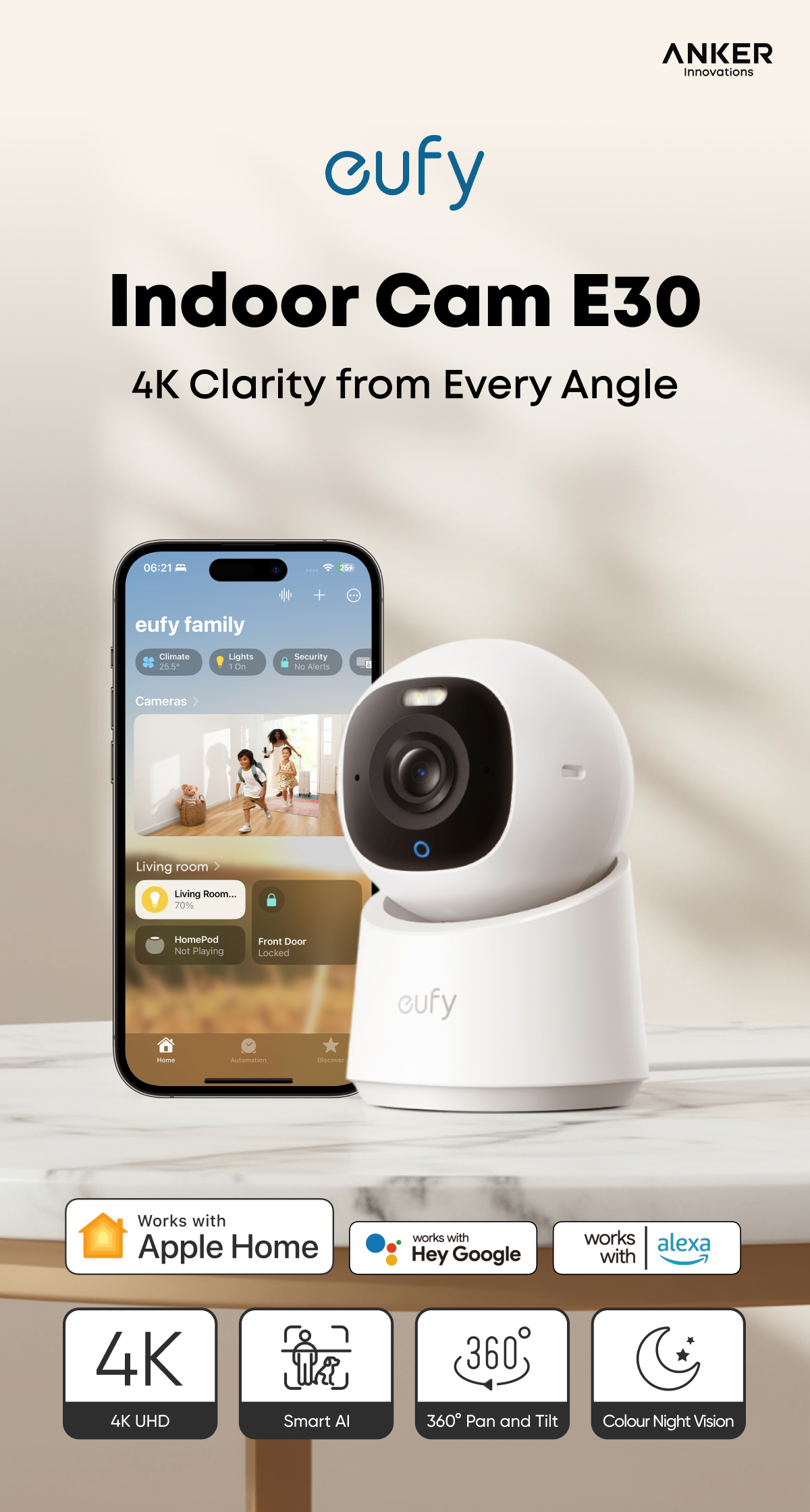 Eufy by Anker Indoor Cam E30 Homekit Security Camera 4K UHD Color Night ...