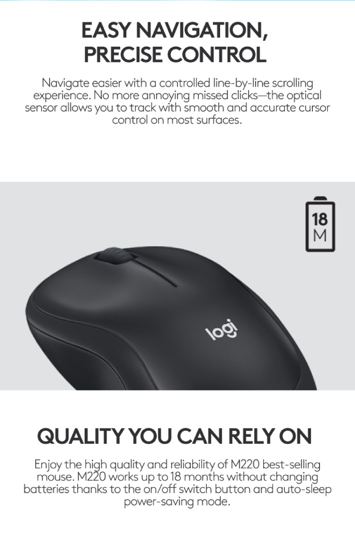 Logitech M220 SILENT Wireless Mouse, 2.4 GHz with USB Receiver, 1000 ...