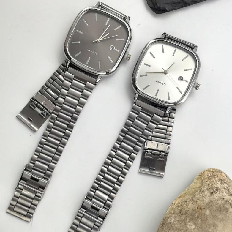 【READY STOCK】Men's Vintage Square Watch with Stainless Steel Strap ...