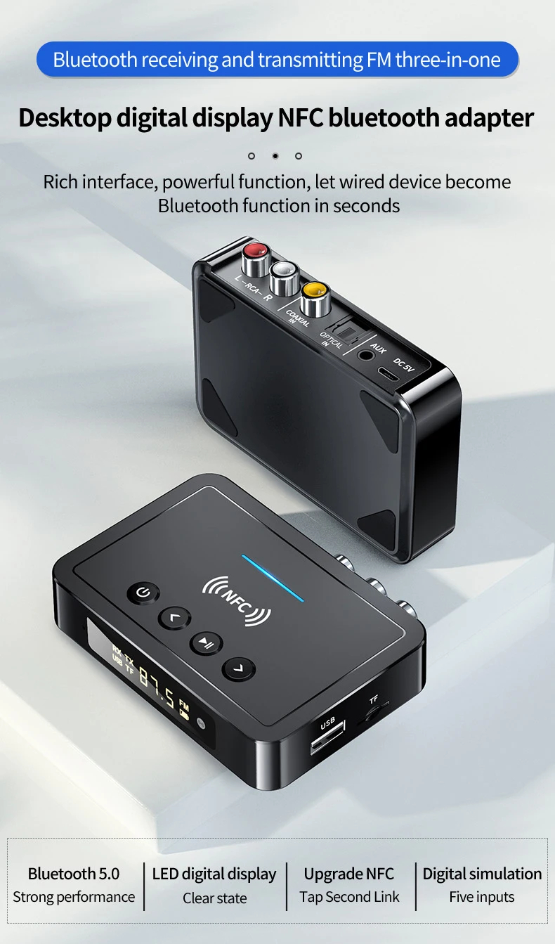 Wireless Audio Adapter Bluetooth 6.0 Receiver Transmitter FM Stereo AUX ...