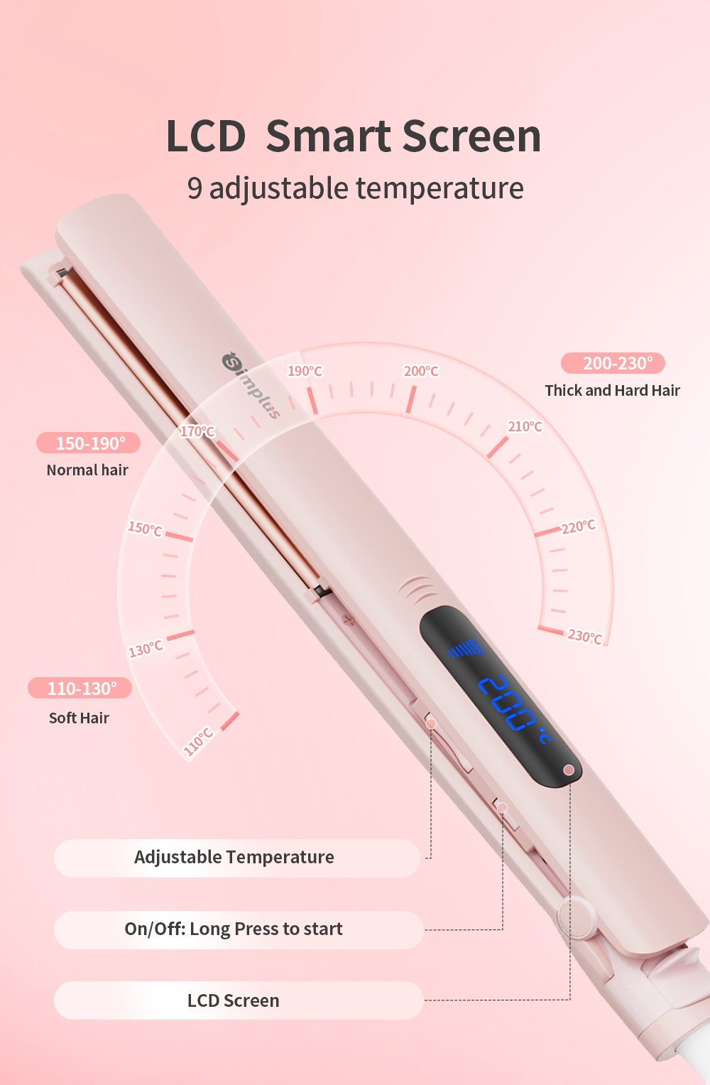 Simplus Pink 119mm Hair StraightnerHair Iron丨2 In 1 Hair Curler丨LCD ...