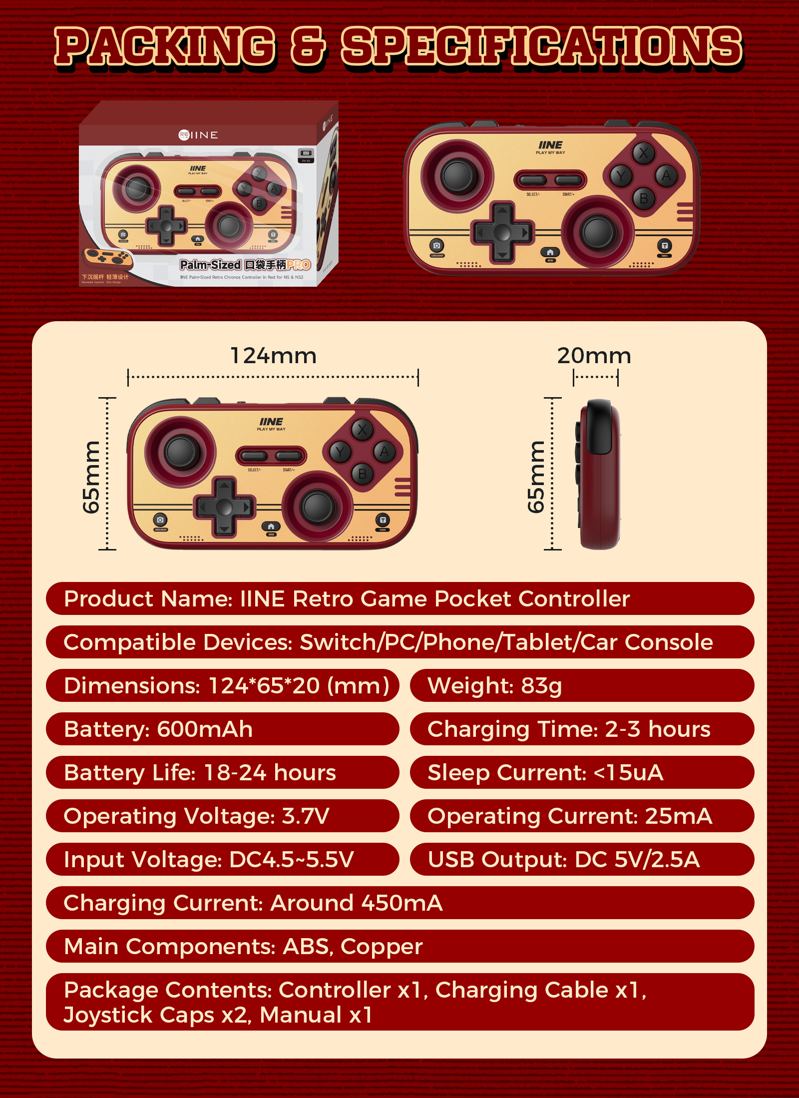 IINE Retro Pocket Game Controller/Compact & Portable Hall Joysticks ...