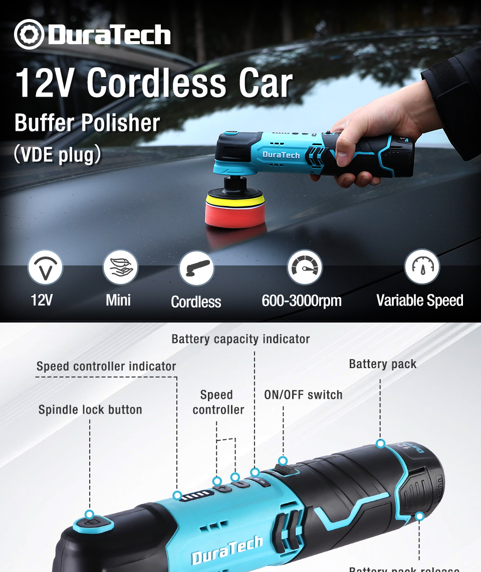 Duratech 12V Cordless Electric Car Polisher Sander Buffer Car Polishing ...