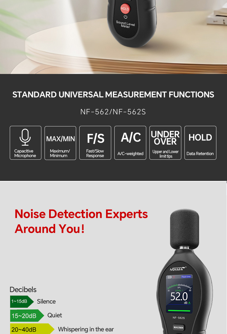 NOYAFA NF-562S Professional Digital Sound Level Meter 30-130dB Decibels High-precision color ...