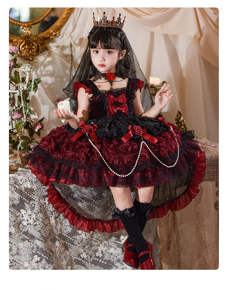 Girls Gothic Christmas Lolita Princess Dress Puffy Lace Rose Detail ...