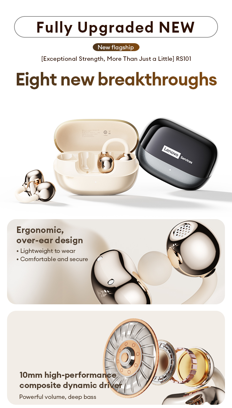 Lenovo RS101 Bluetooth Earphones and Open Ear Clip Wireless Earbuds ...