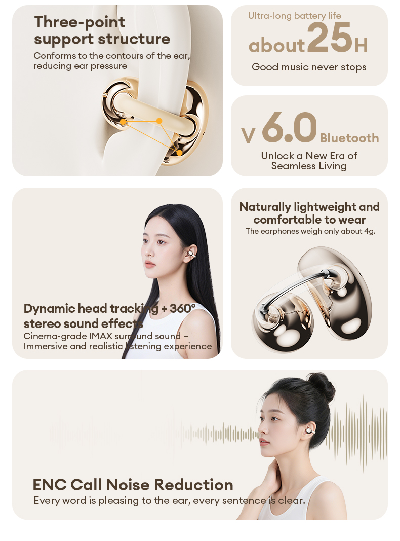 Lenovo RS101 Bluetooth Earphones and Open Ear Clip Wireless Earbuds ...