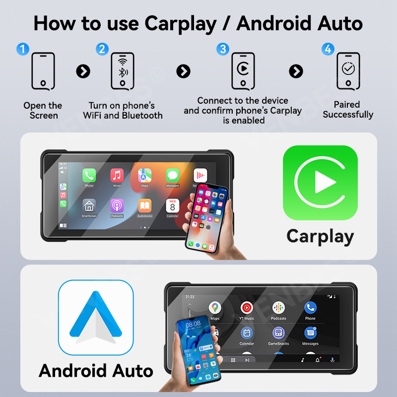 VENBES 6.86 Inch Motorcycle Navigator 2K Dual Camera Wireless CarPlay ...