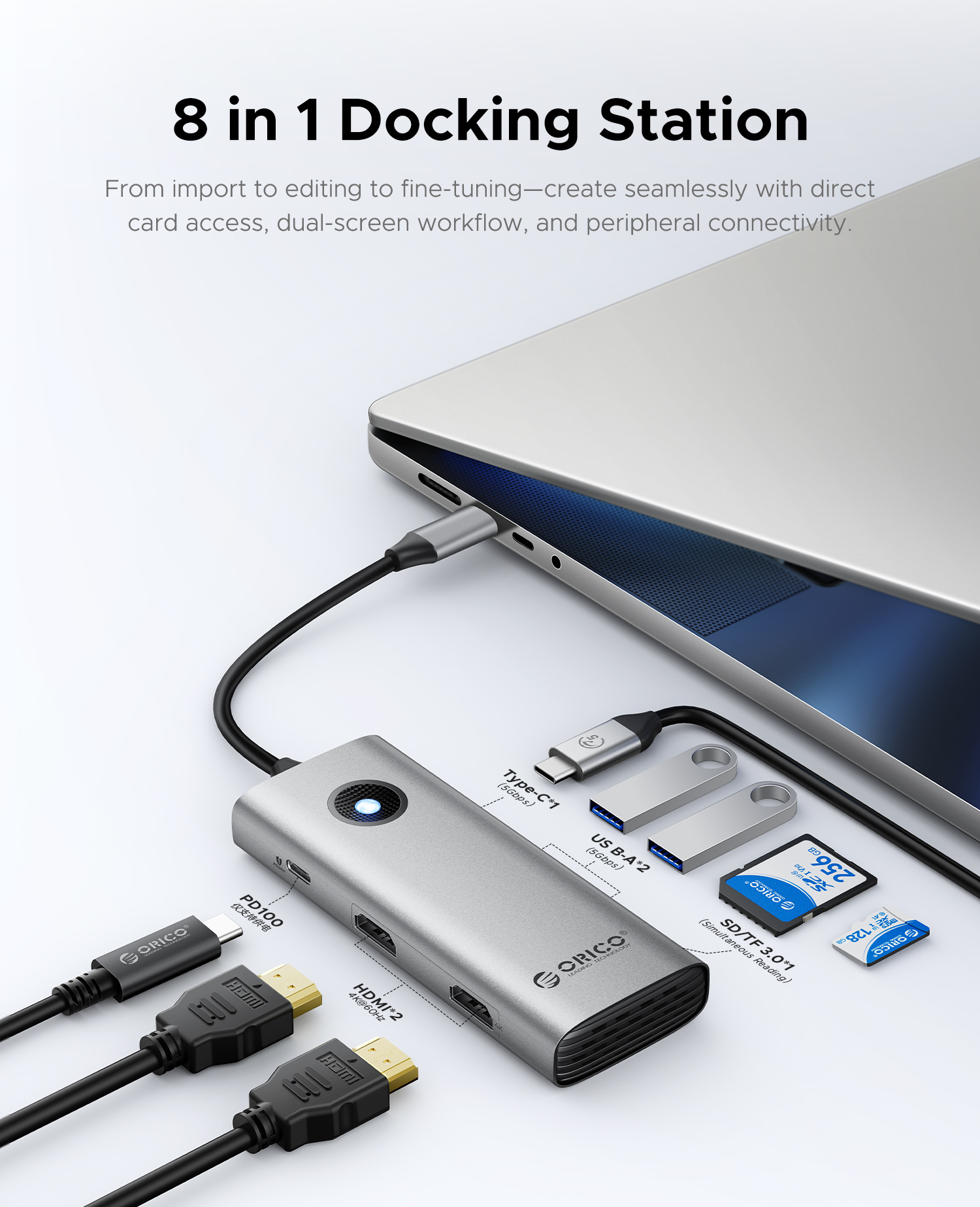 ORICO 8 in 1 Dock Station USB C HUB Dual HDMI 4K Adapter 100W PD ...