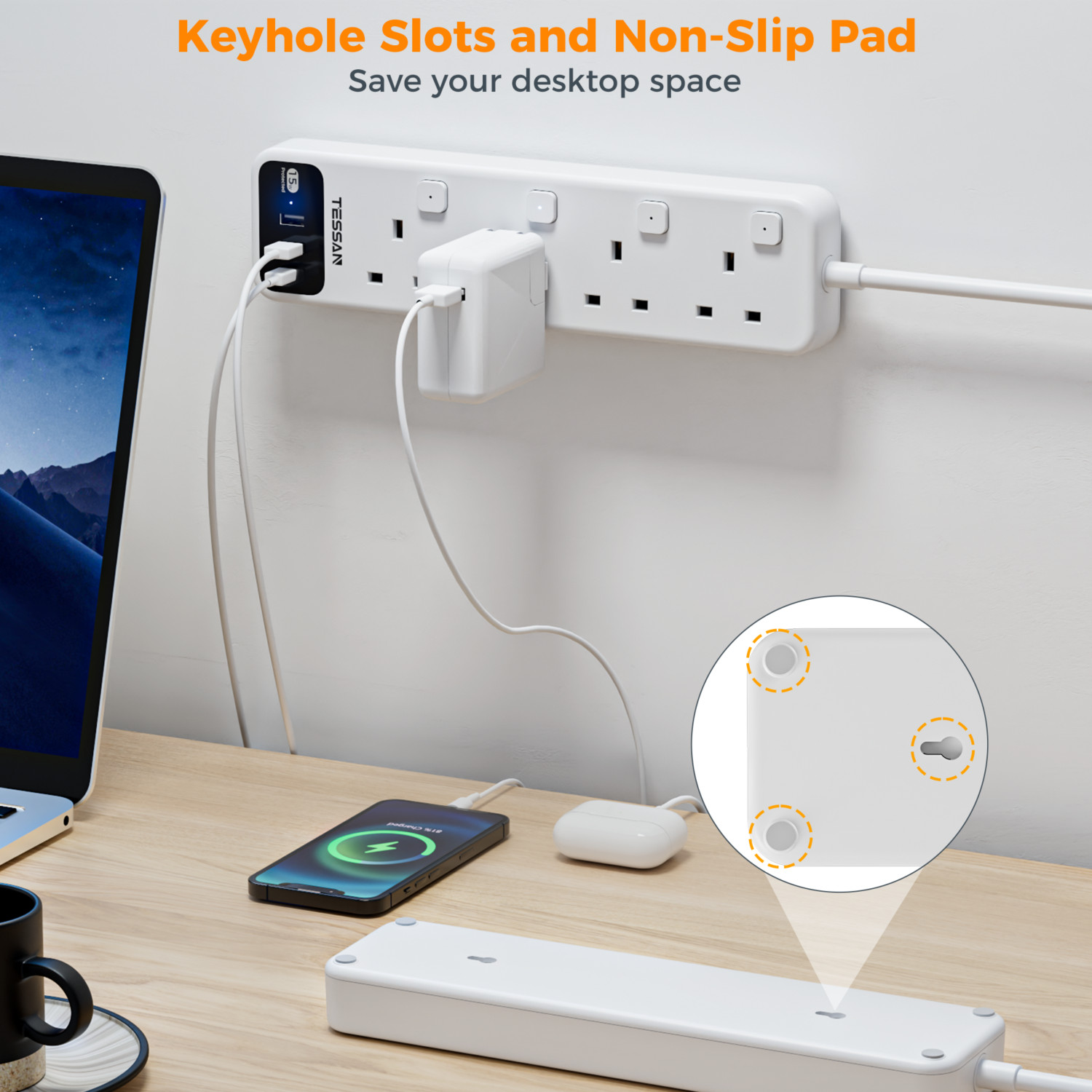 TESSAN Extension Plug Power Socket Extension Cord with 3 USB Slots ...