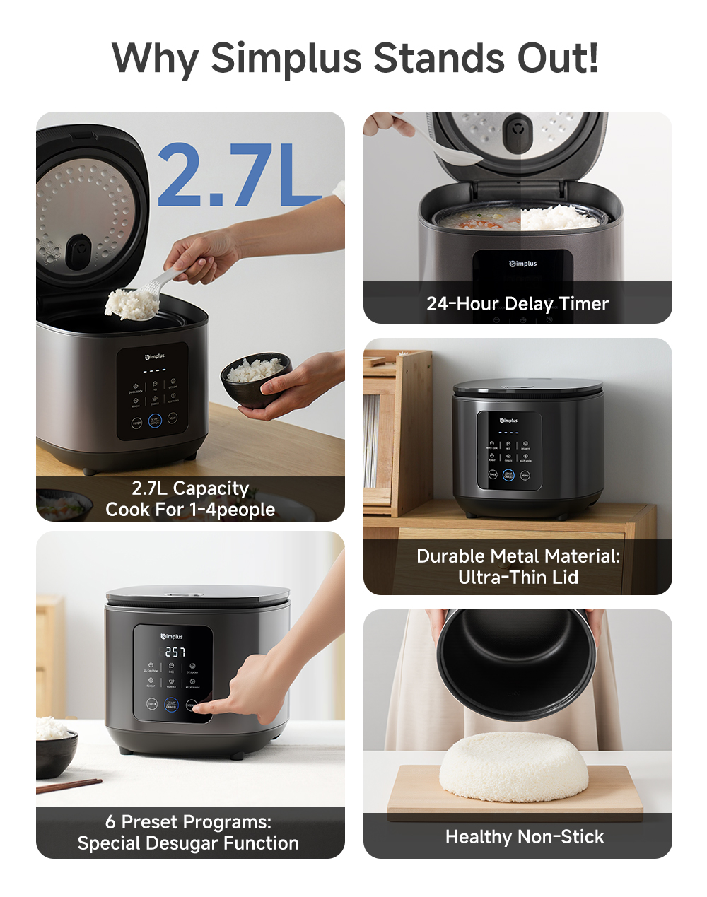Simplus 2.7L Rice Cooker | Low Sugar Low Carbon | 6 Preset Programs ...