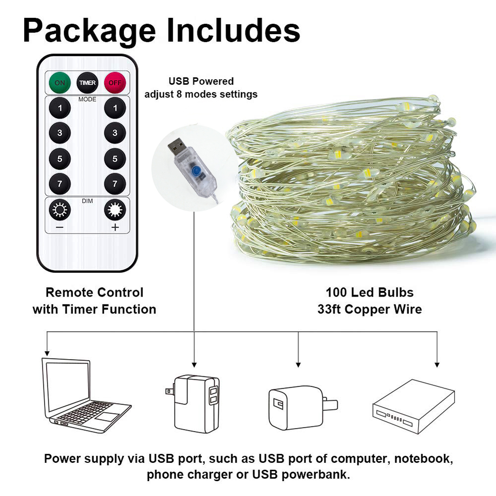 USB 8 Mode 10M 100 LED String Lights Christmas Waterproof Copper Wire ...