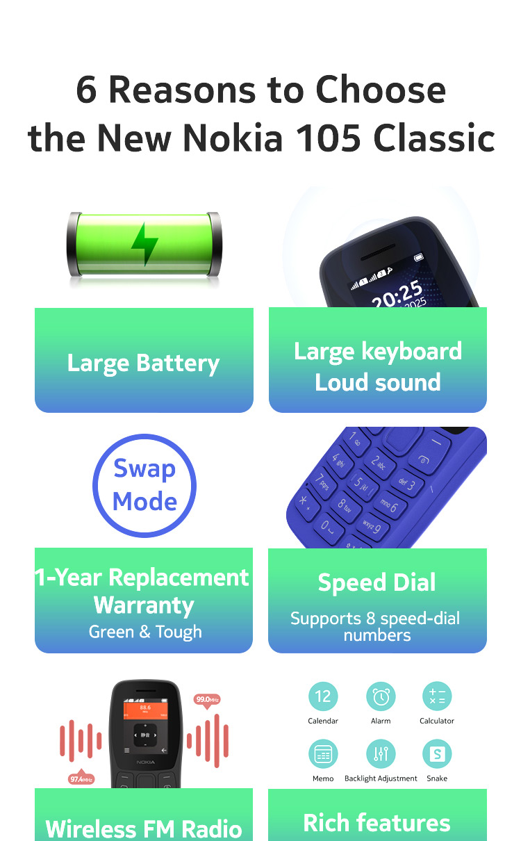 New Nokia&HMD 105 C/105 2G Brand New Keypad Basic Feature Phone FM ...