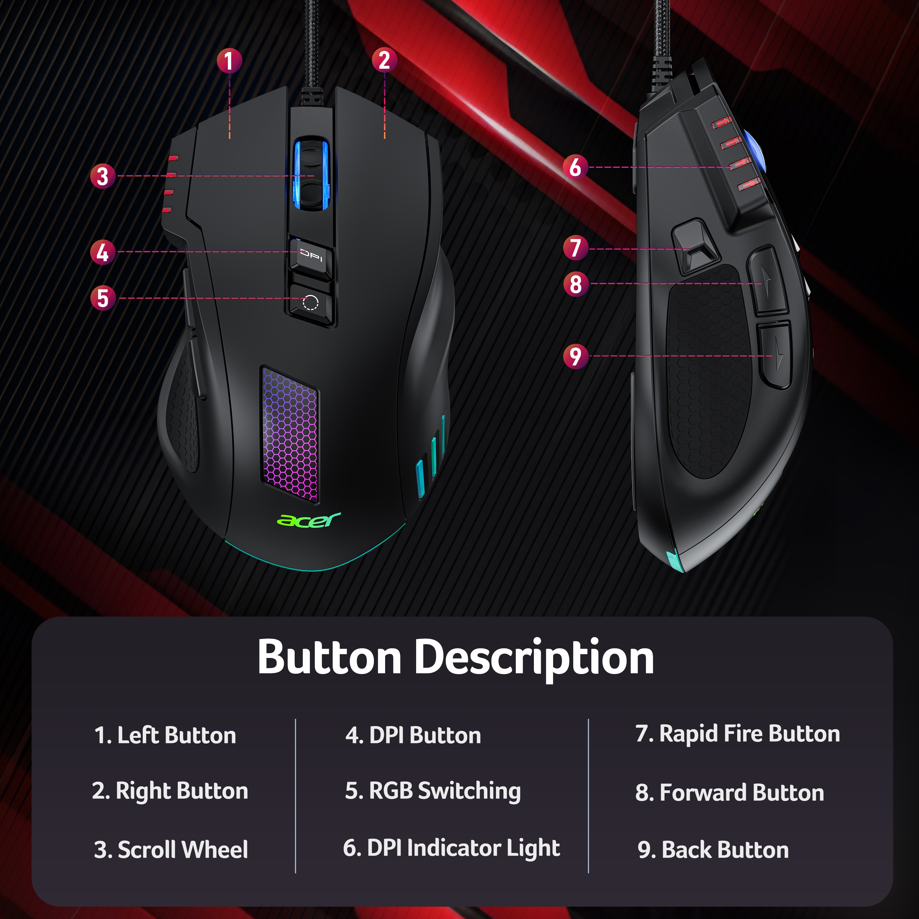 Acer Wired Gaming Mouse 12,800 DPI RGB Ergonomic Computer Mouse with ...