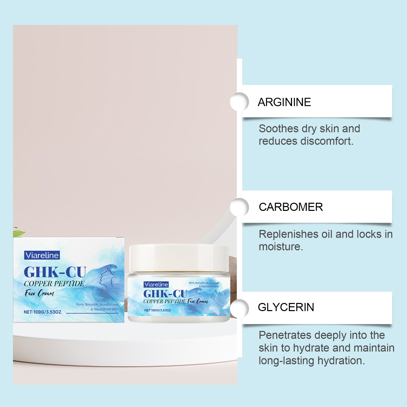 Viareline GHK-Cu Copper Peptide Face Cream - Firm, Smooth, Moisturized ...