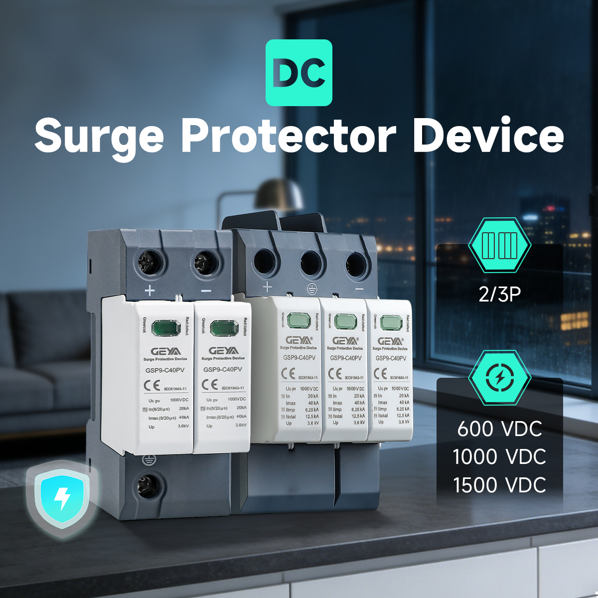 GEYA GSP9 2/3P Solar PV DC SPD 600V/1000/1500VDC 20KA-40KA Surge ...