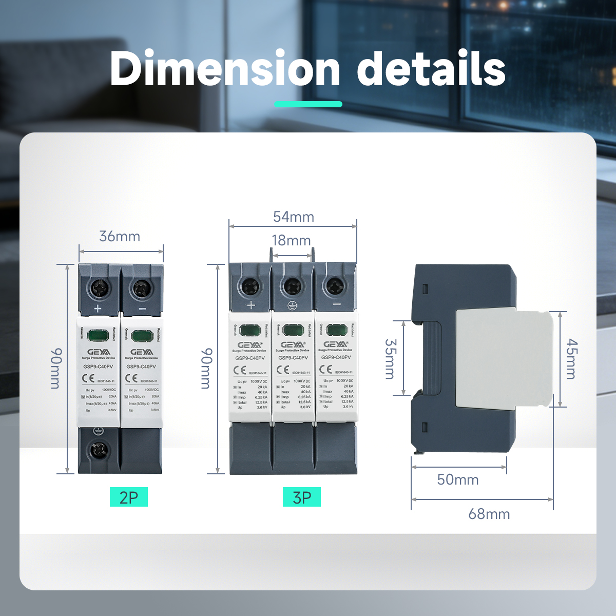 GEYA GSP9 2/3P Solar PV DC SPD 600V/1000/1500VDC 20KA-40KA Surge ...