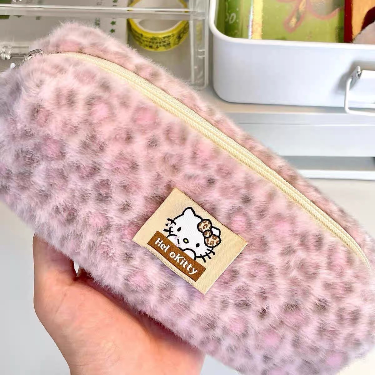 Large capacity pencil case Hello kitty pencil box Leopard print plush ...