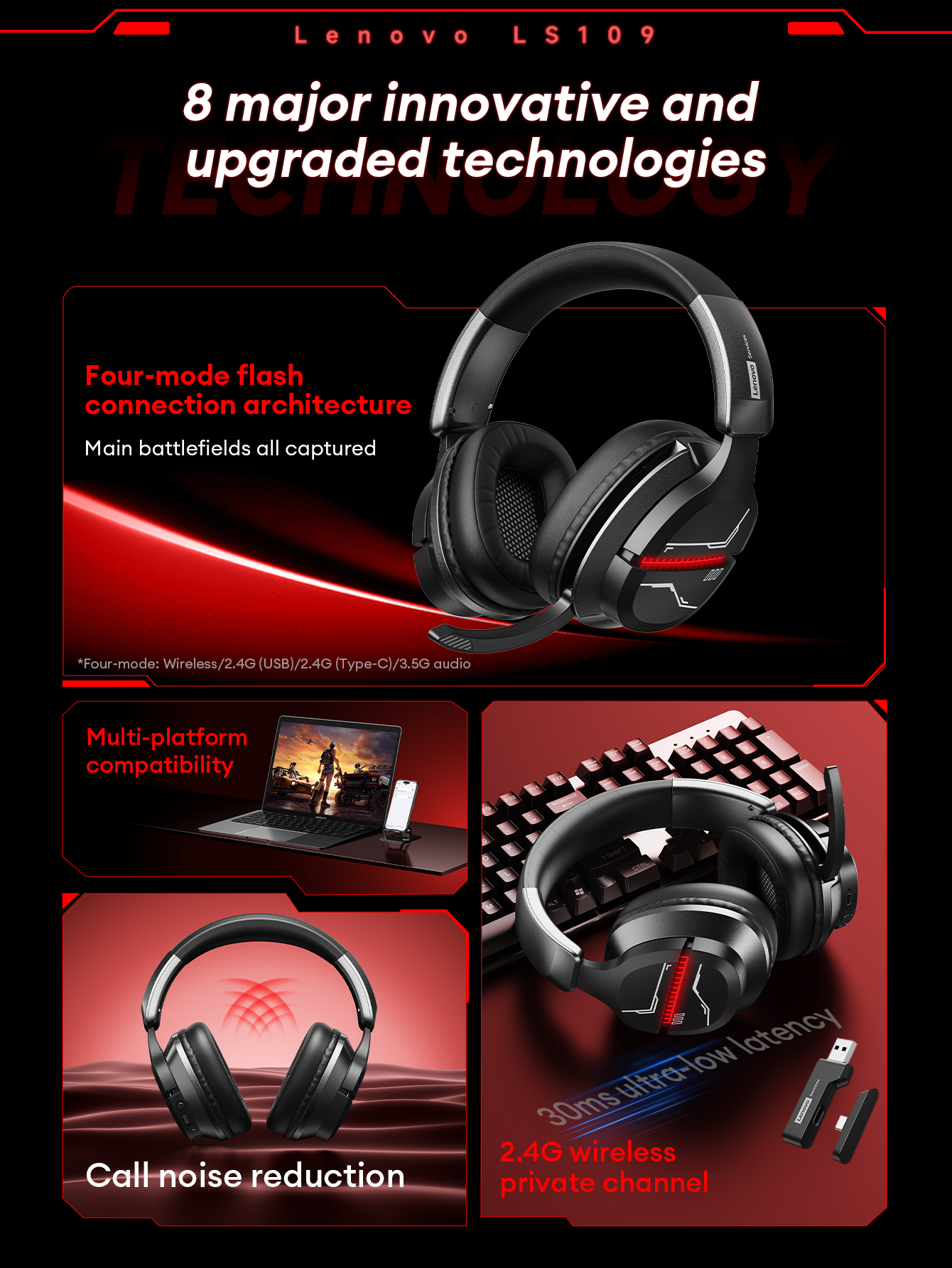 Lenovo LS109 Bluetooth Headphones and Wireless Gaming Headset with ...