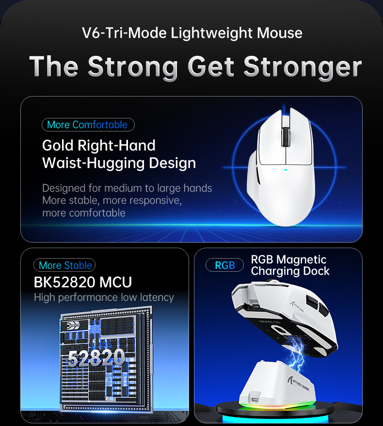 Attack Shark V6 Tri-Mode Gaming Mouse Wireless, 65g Ultra Light ...