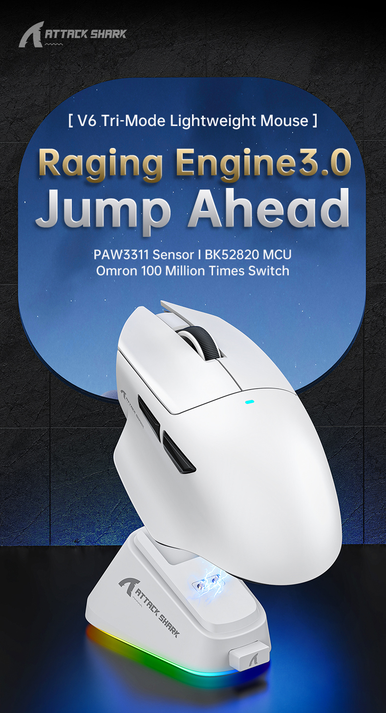 Attack Shark V6 Tri-Mode Gaming Mouse Wireless, 65g Ultra Light ...