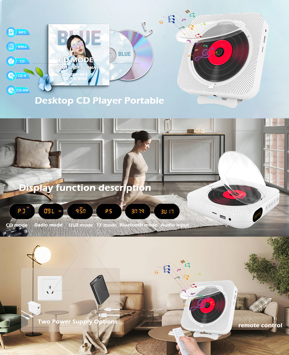 Wall Mounted CD Player With Bluetooth Remote Control USB Drive LED ...