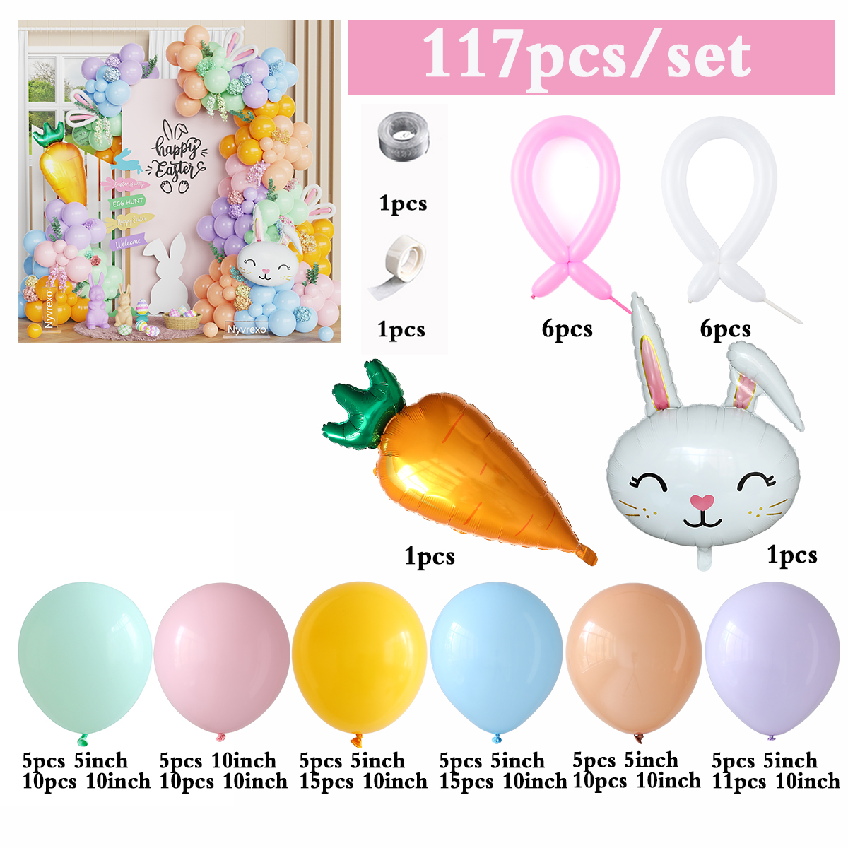 117pcs/set Rabbit Carrot Balloon Maca Color Easter Scene Decoration ...
