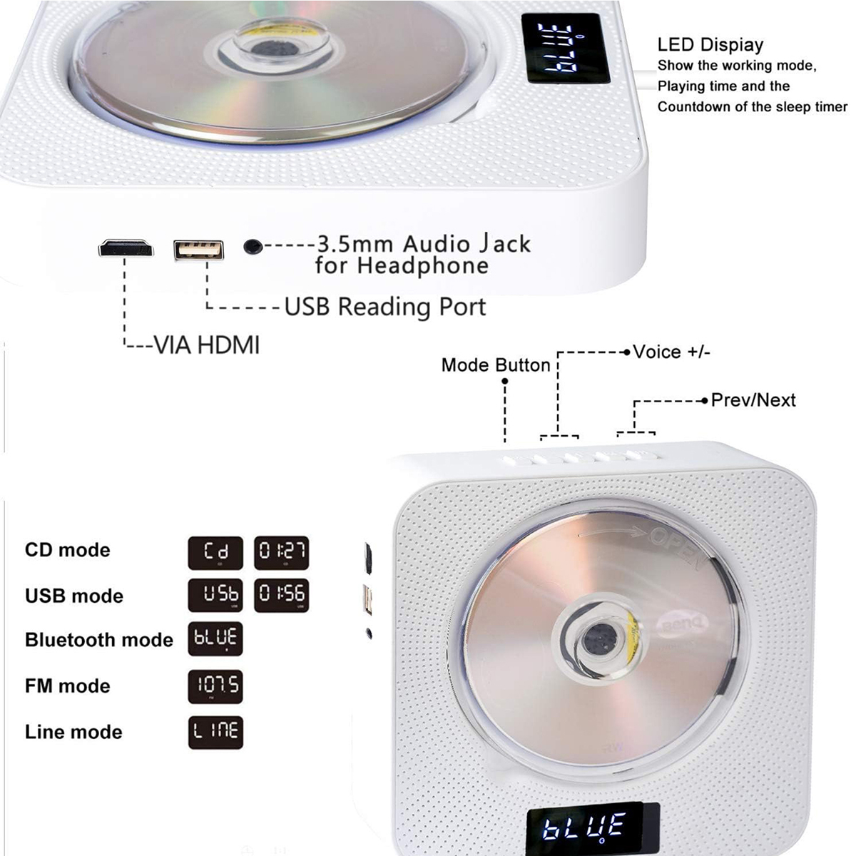 CD DVD Music Player Protable Wallmount 1080p HDMI Video Bluetooth Built ...
