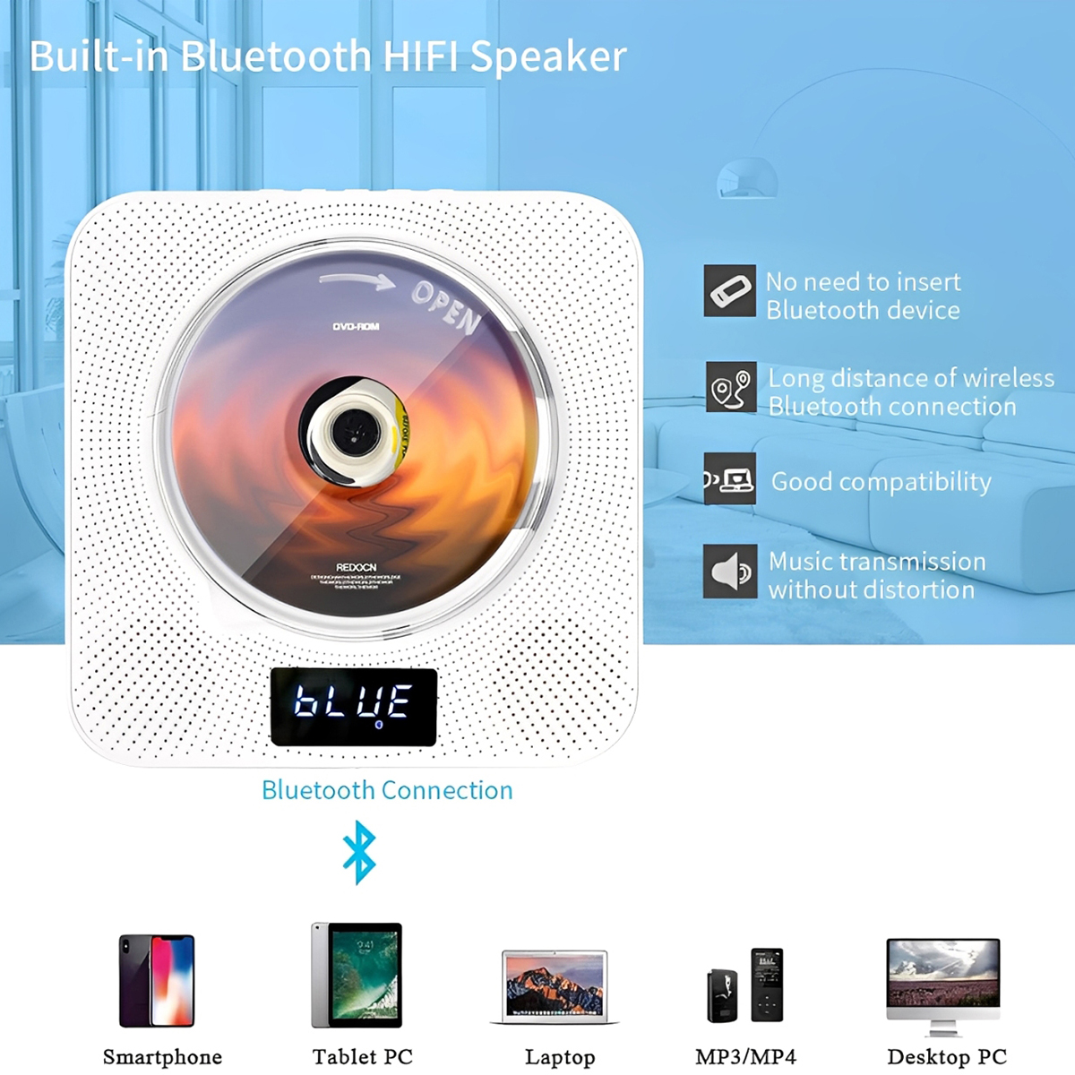 CD DVD Music Player Protable Wallmount 1080p HDMI Video Bluetooth Built ...