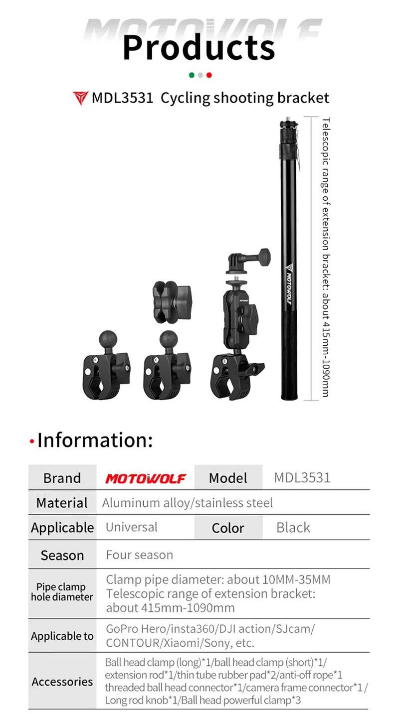 MOTOWOLF Motorcycle Camera Mount Selfie Stick for GoPro Insta360 DJI ...
