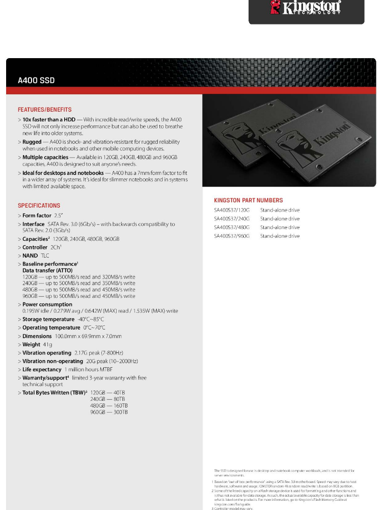 SSD Kingston A400 480GB 512GB 960GB SATA3 2.5" Internal SSD Solid State Drive (SA400S37/480G ...