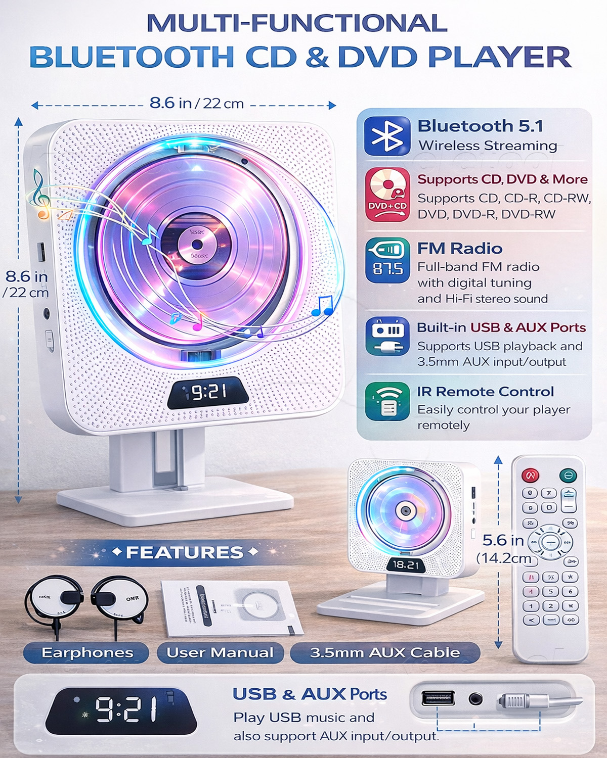 Wall Mounted CD Player Stereo Home DVD HD DVD Player Bluetooth Learning ...