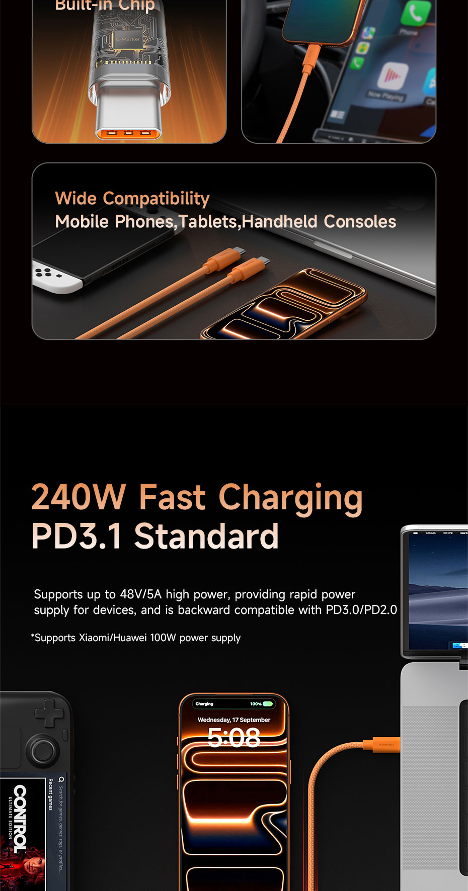 Hagibis Type-C 240W Fast Charging USB C to USB C Cable Cord Wedge Plug ...