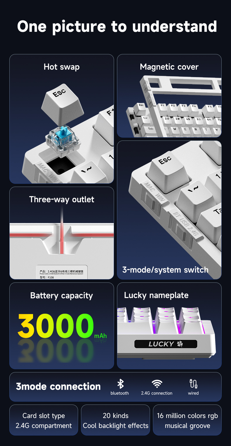Meta F108 Pro Mechanical Keyboard 108 keys Bluetooth/2.4G/wired Hot ...