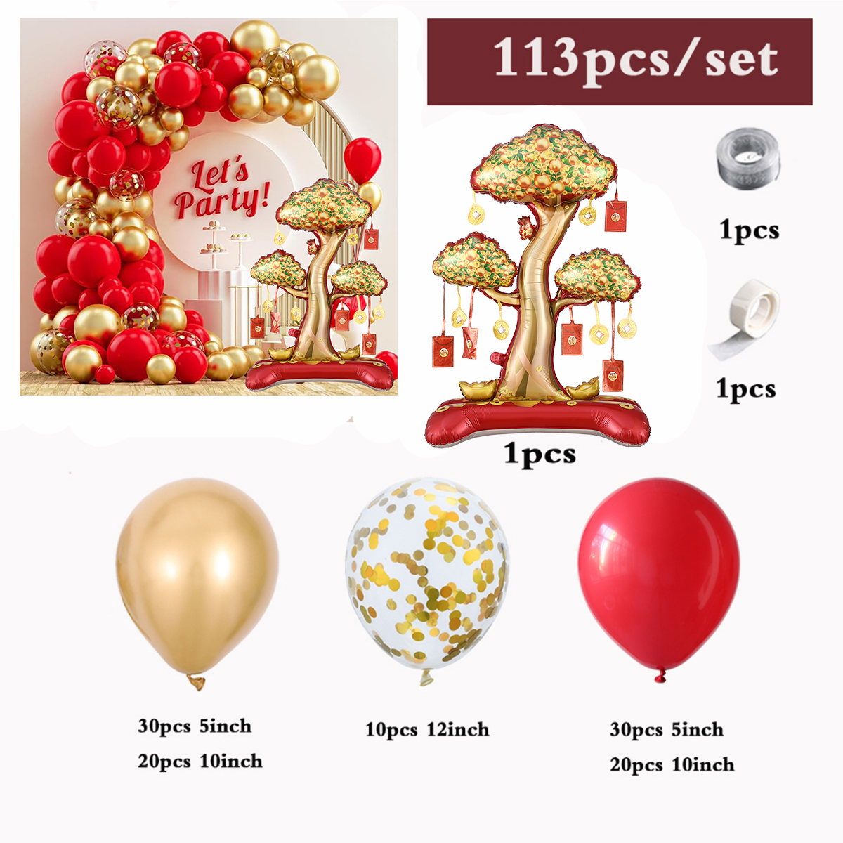 113pcs/set 3D Fortune Tree Aluminum Foil Balloon Red Gold Chinese New ...